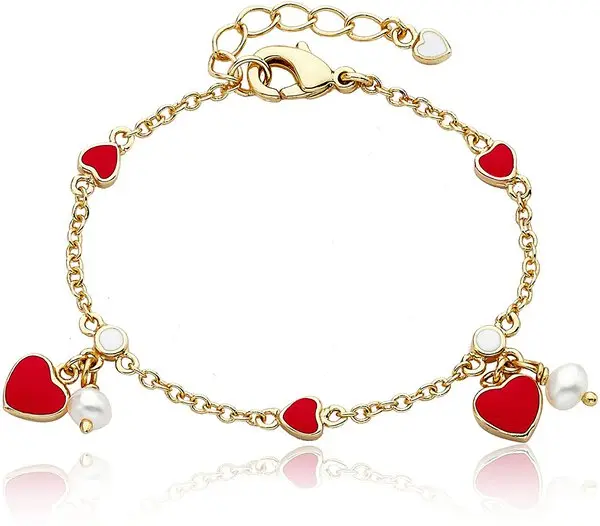 GENEVIVE Yellow Gold Plated Enamel Heart & Pearl Dangle Charm Bracelet - Gold/red