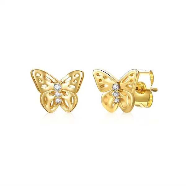 GENEVIVE Gold / White Rachel Glauber Yellow Gold Plated With Cubic Zirconia Three-stone Filigree Butterfly Stud Earrings - Gold/white
