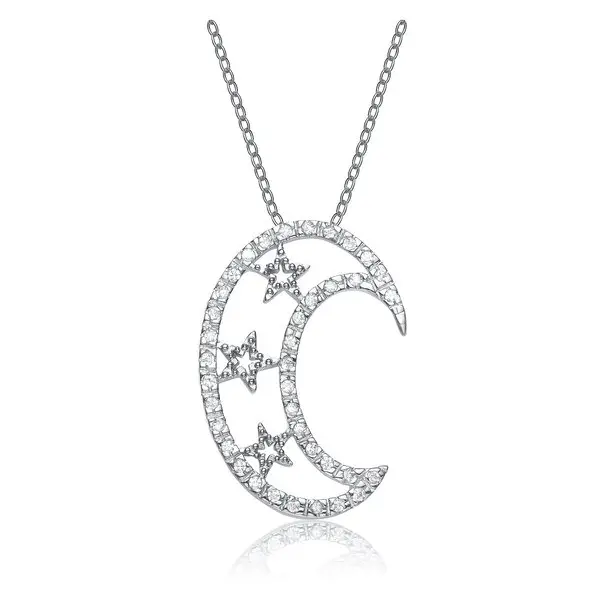 GENEVIVE White / Silver Sterling Silver White Cubic Zirconia Half Moon Pendant - White/silver