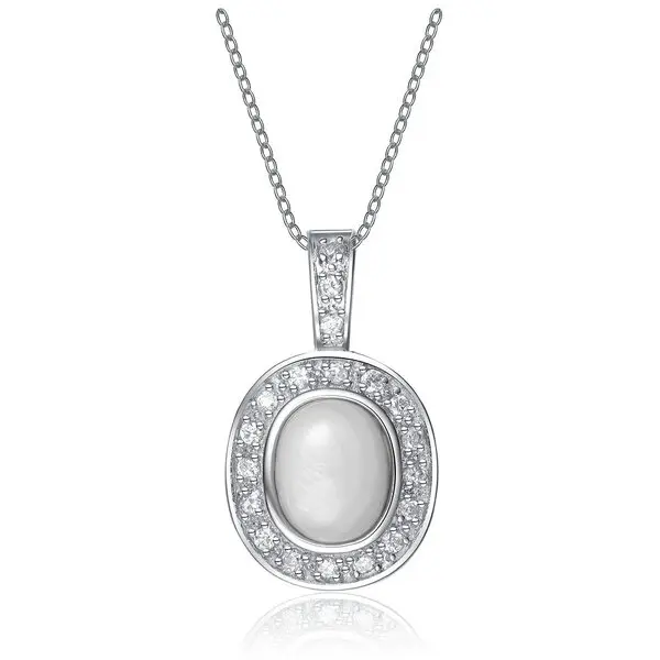 GENEVIVE Sterling Silver Oval Pendant Necklace With Cubic Zirconia And Mother Of Pearl - White/silver