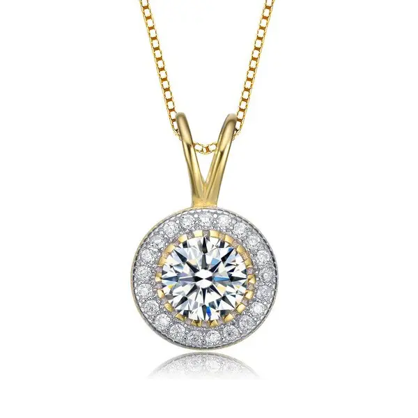 GENEVIVE Gold Plated Sterling Silver Solitaire Round Cubic Zirconia Pendant Necklace - Gold/white