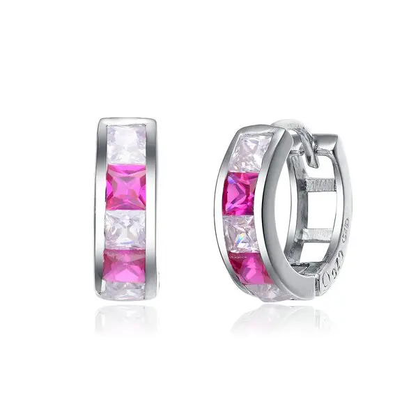 GENEVIVE Sterling Silver White Gold Plated Cubic Zirconia Hoop Earrings - Silver/red