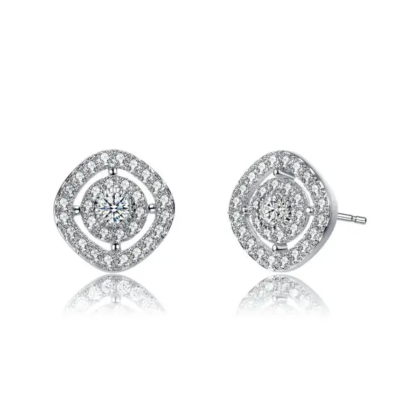 GENEVIVE Rhodium Plated Cubic Zirconia Square Stud Earrings - White