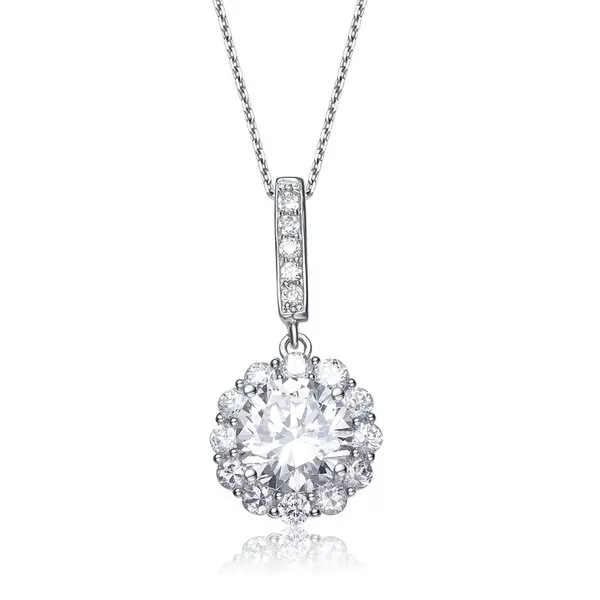 GENEVIVE Sterling Silver White Gold Plated Cubic Zirconia Flower Pendant Necklace - White/silver