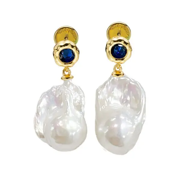 CLASSICHARMS Gold / Blue Skyler Sapphire Baroque Pearl Drop Earrings - Gold/blue