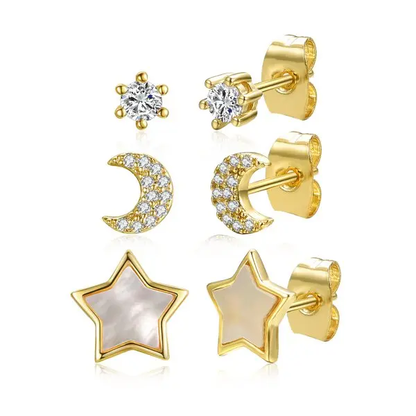 GENEVIVE Gold / White Rachel Glauber Yellow Gold Plated With Mother Of Pearl & Diamond Cubic Zirconia Solitaire Star & Crescent Moon Astrological Zodiac Galaxy Three-piece Stud Earrings Set - Gold/white