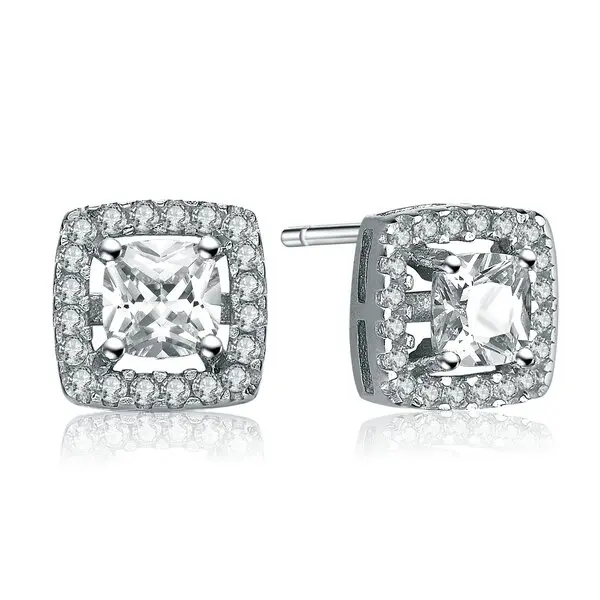 GENEVIVE White / Silver Sterling Silver Oval Cubic Zirconia Solitaire With Square Halo Earrings - White/silver
