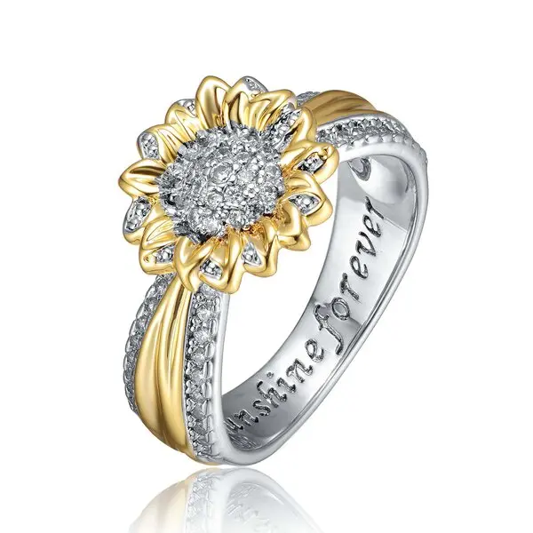GENEVIVE Two-tone Sunflower Ring With Cubic Zirconia - Gold/silver