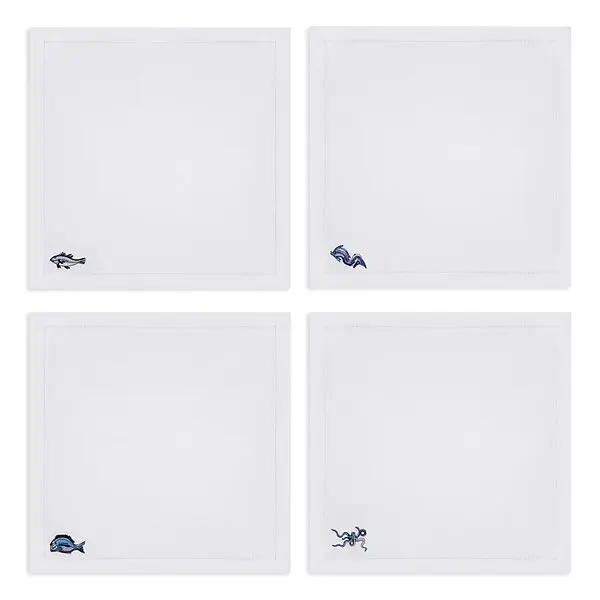 KUTNIA Motif Embroidered Linen Cocktail Napkins, Set Of 4 - Marine