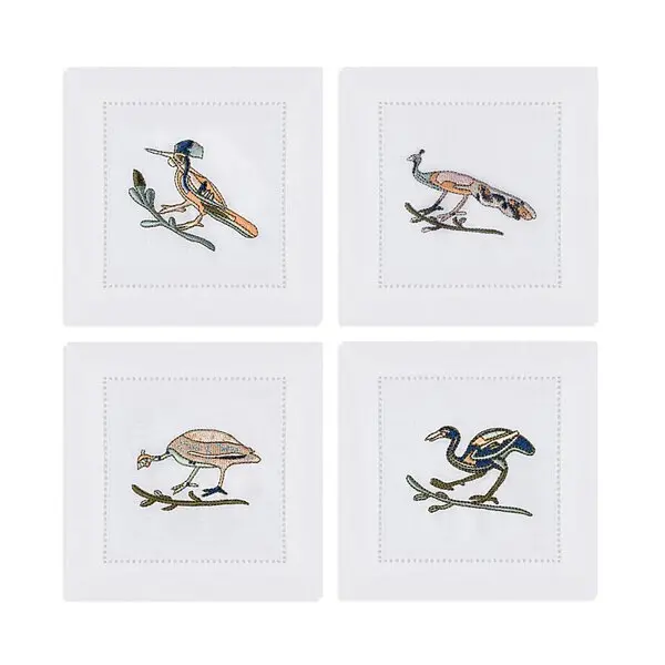 KUTNIA Bird Motif Embroidered Linen Napkins, Set Of 4 - Mutli