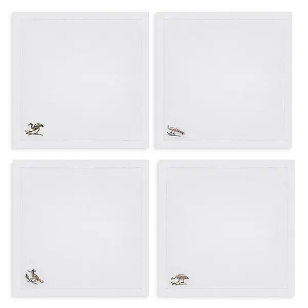 KUTNIA Bird Motif Embroidered Linen Cocktail Napkins, Set Of 4 - Mutli