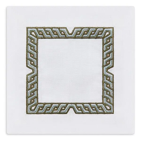 KUTNIA Aegean Key Embroidered Linen Cocktail Napkin, Set Of 4 - Deep Olive