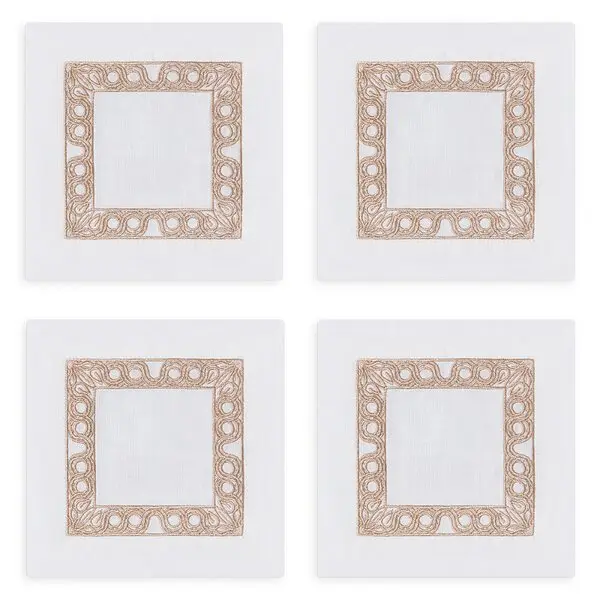 KUTNIA Anatolia Scroll Border Embroidered Cocktail Napkin, Set Of 4 - Champagne