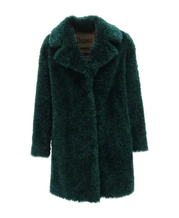 Herno Faux Fur Single-breasted Long Sleeved Coat - Black