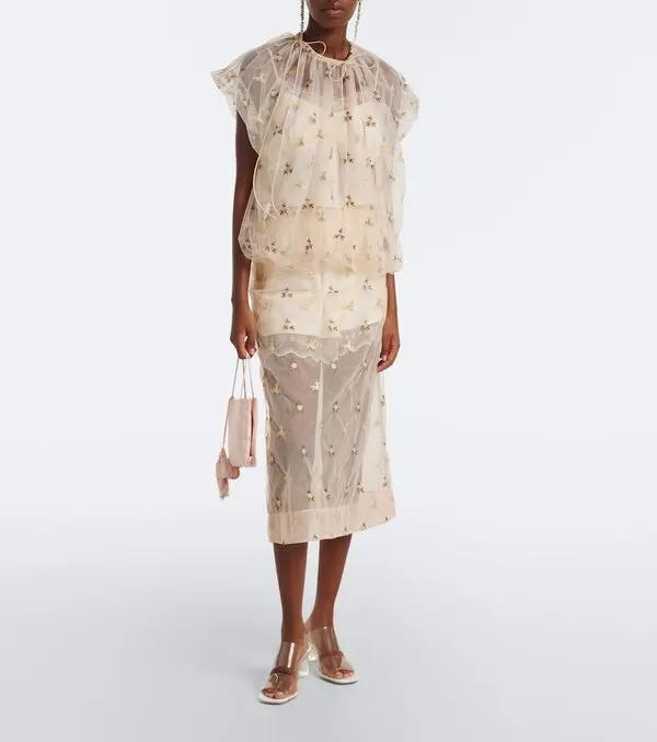 Simone Rocha Embroidered Tulle Midi Skirt
