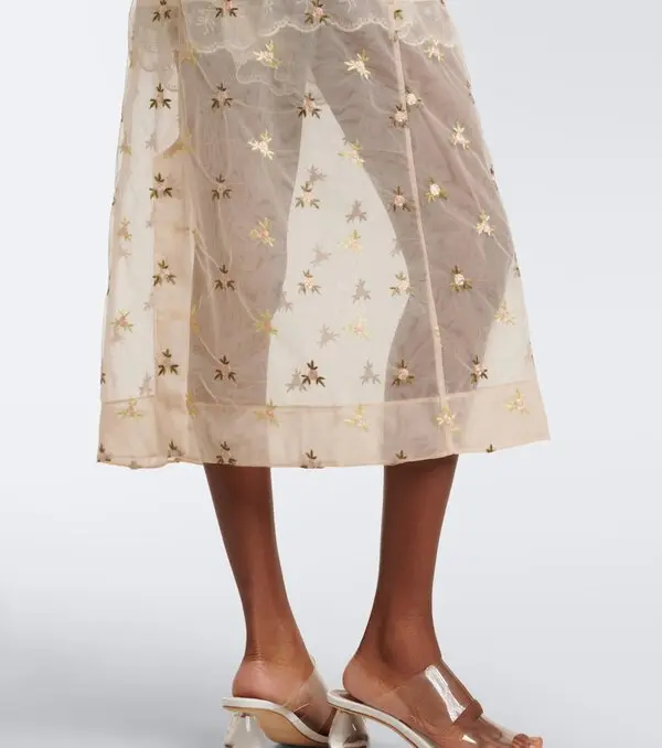 Simone Rocha Embroidered Tulle Midi Skirt
