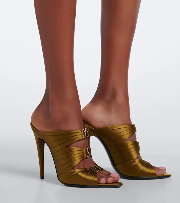 Saint Laurent Emilie Embellished Crêpe Satin Mules - Gold