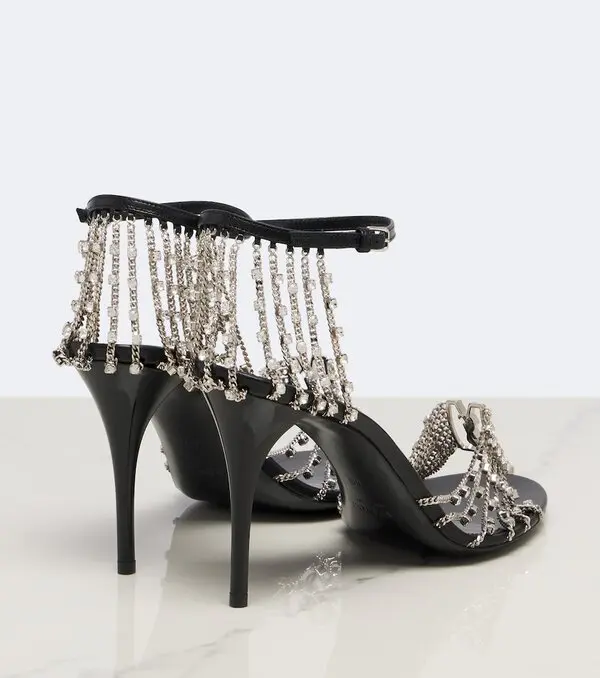 Saint Laurent Embellished Leather Sandals With Crystal And Chain Detailing