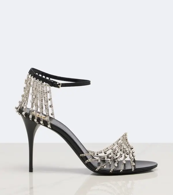 Saint Laurent Embellished Leather Sandals With Crystal And Chain Detailing