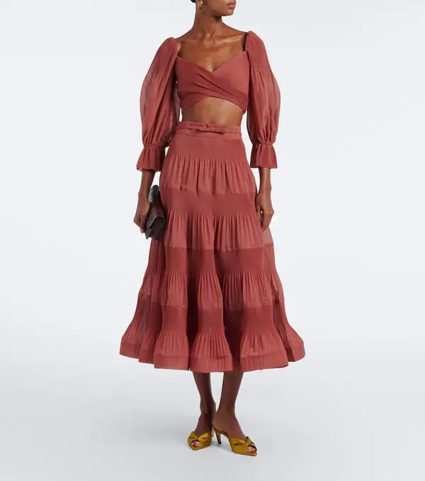Zimmermann Pleated Tiered Midi Skirt