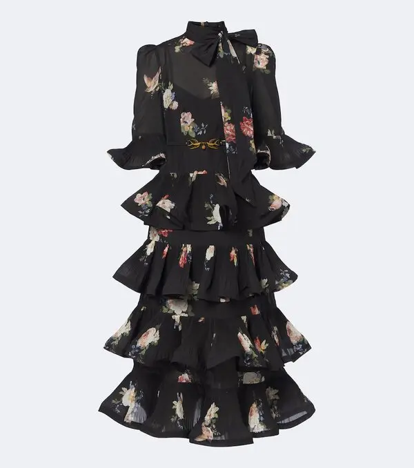 Zimmermann Floral Pleated Ruffled Midi Dress