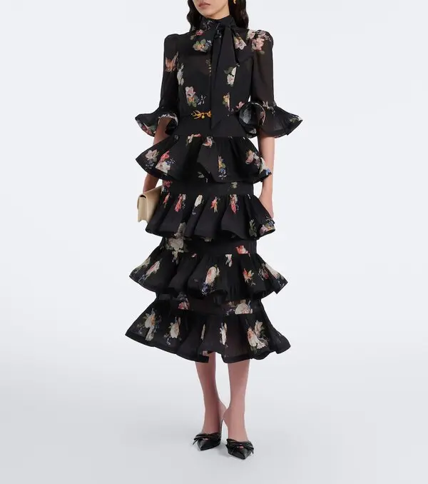 Zimmermann Floral Pleated Ruffled Midi Dress