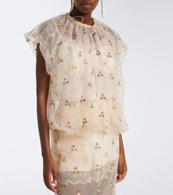 Simone Rocha Embroidered Gathered Tulle Top