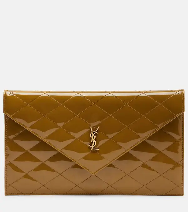 Saint Laurent Paris Quilted Patent Leather Pouch - Brown