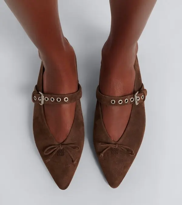 Miu Miu Suede Pointed Toe Ballet Flats With Buckle Fastening