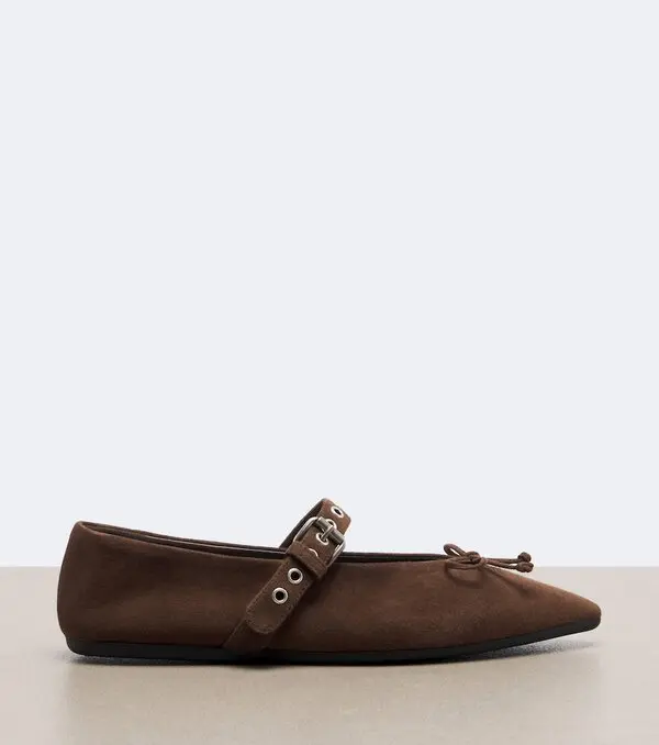 Miu Miu Suede Pointed Toe Ballet Flats With Buckle Fastening