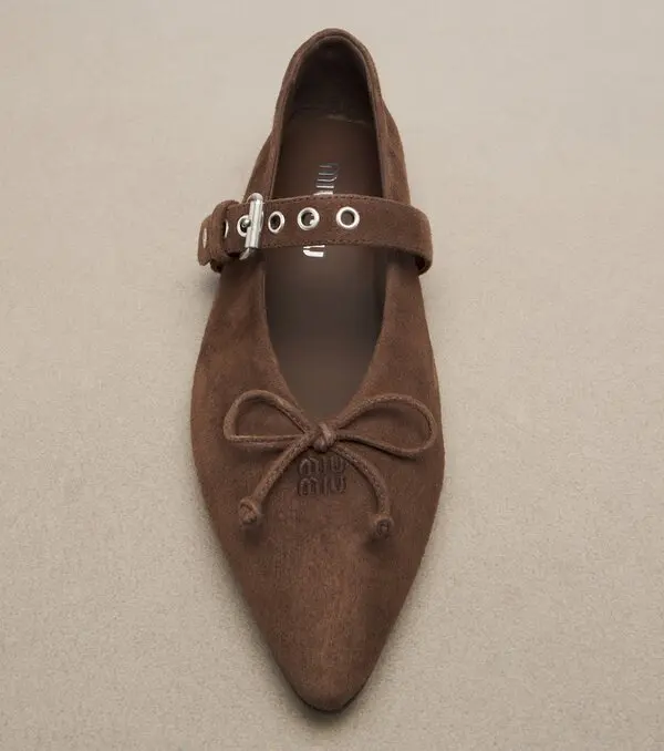 Miu Miu Suede Pointed Toe Ballet Flats With Buckle Fastening