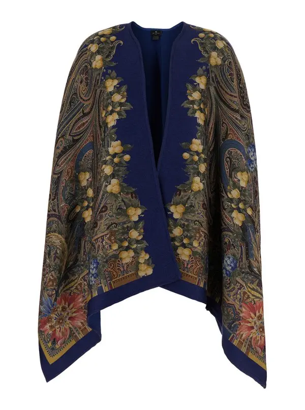 Etro Blue Cape With Paisley Motif And All-over Floral Print In Blend Wool For - Multicolor