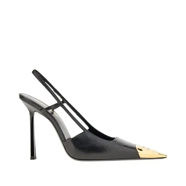 Saint Laurent Jeanne Nappa Leather Slingback Pumps With Gold Hammered Metal Toe - Black