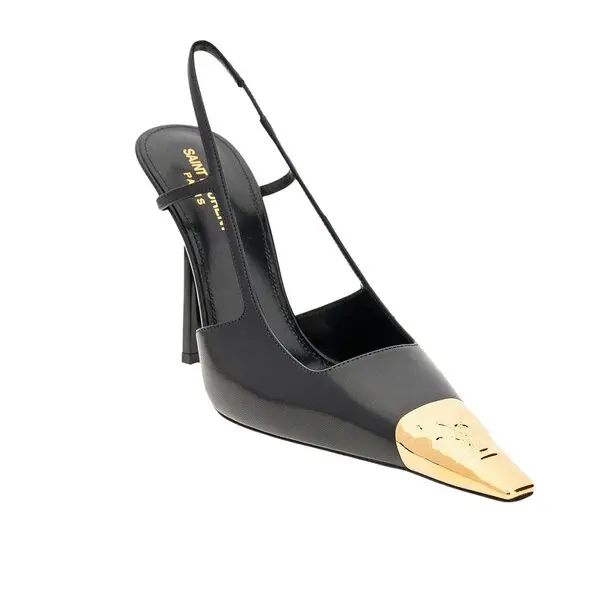 Saint Laurent Jeanne Nappa Leather Slingback Pumps With Gold Hammered Metal Toe - Black