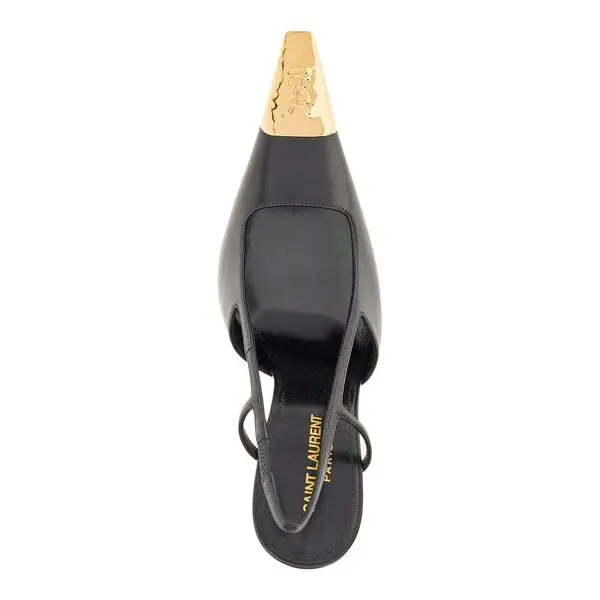 Saint Laurent Jeanne Nappa Leather Slingback Pumps With Gold Hammered Metal Toe - Black