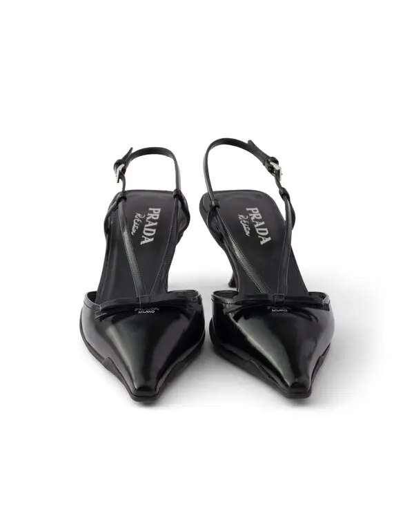 Prada Brushed Leather Slingback Pumps With Metal Buckle