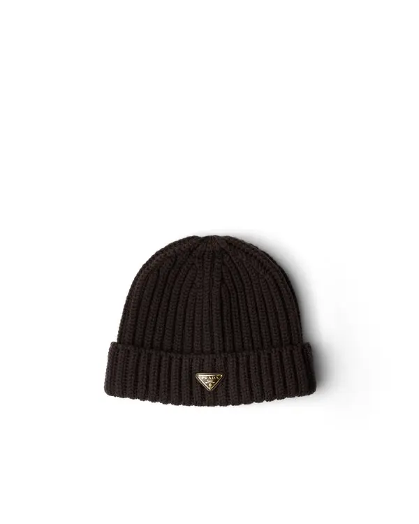Prada Ribbed Knit Beanie With Enameled Triangle Logo