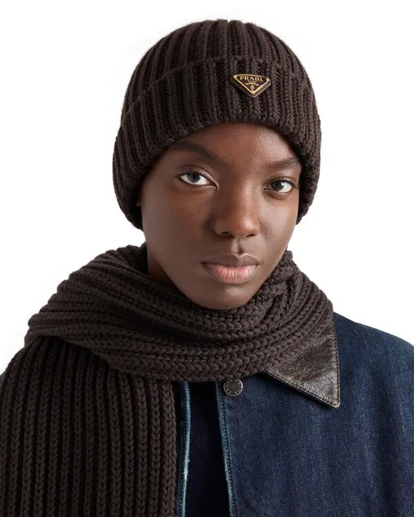 Prada Ribbed Knit Beanie With Enameled Triangle Logo
