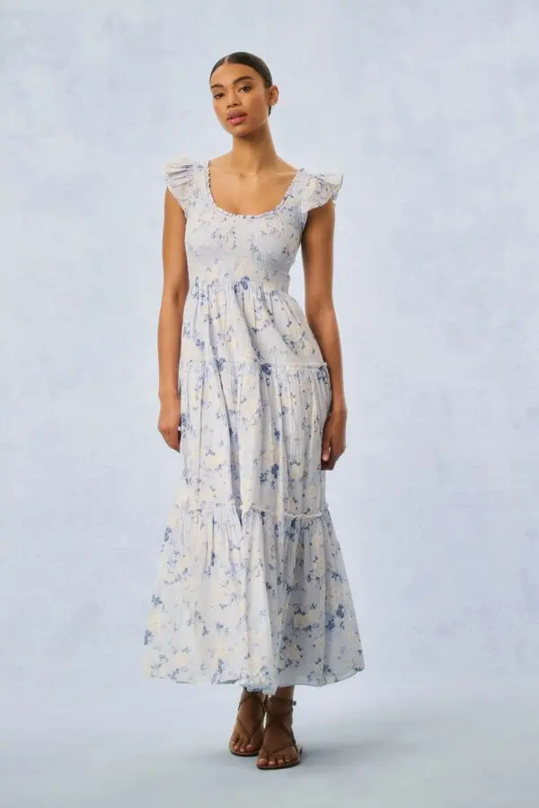 LoveShackFancy Chessie Fragrance Print Cotton Maxi Dress - Whisper Blue