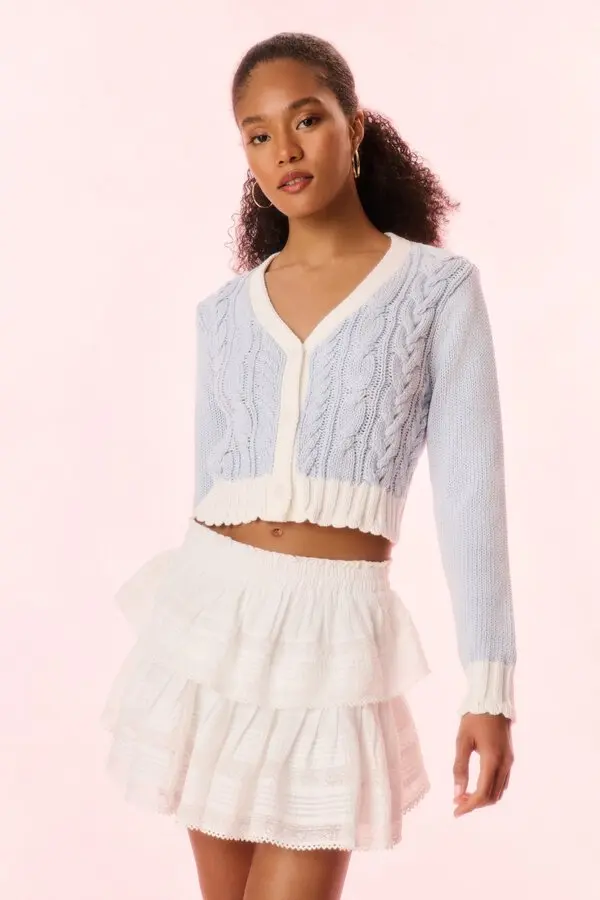 LoveShackFancy Hyacinth Cropped Cable Knit Cardigan - Sugar Sky