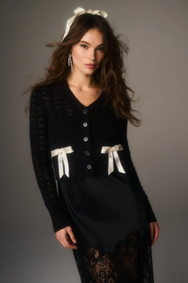 LoveShackFancy Alpaca-blend Bow Cardigan - Midnight Ice