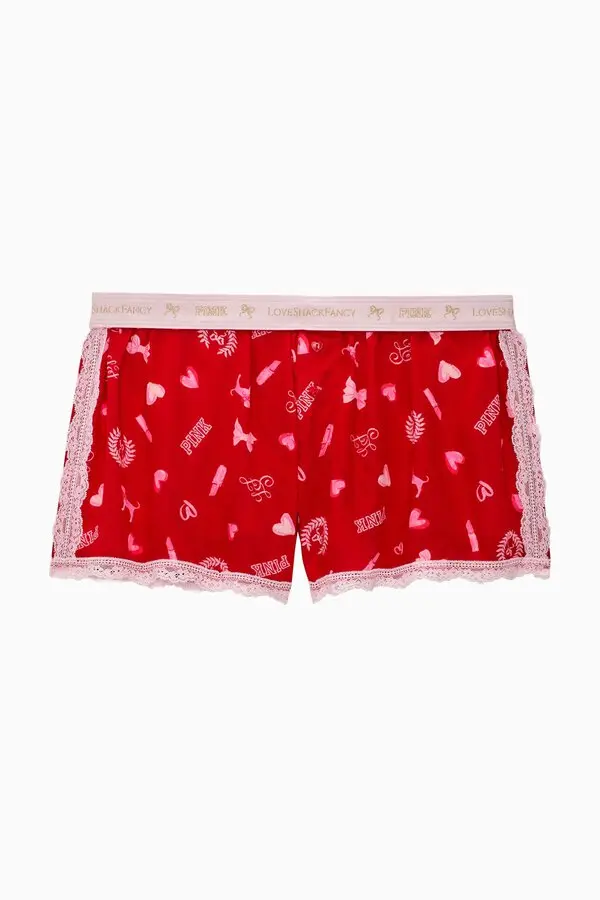 LoveShackFancy Pink Boxy Shorts With Lace Trim - Lipstick Bisous