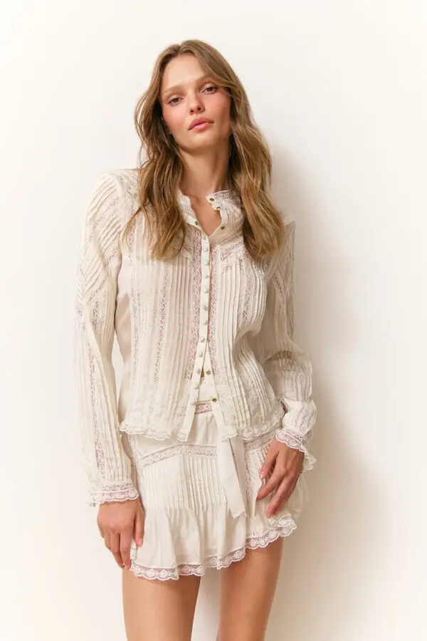 LoveShackFancy Aralina Silk Blouse With Lace Yoke And Blouson Sleeves - Ivory