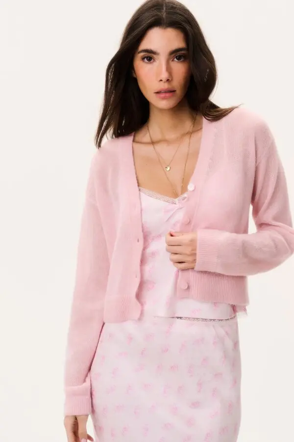 LoveShackFancy Breckie Sheer Alpaca Wool Blend Cardigan - Blushberry