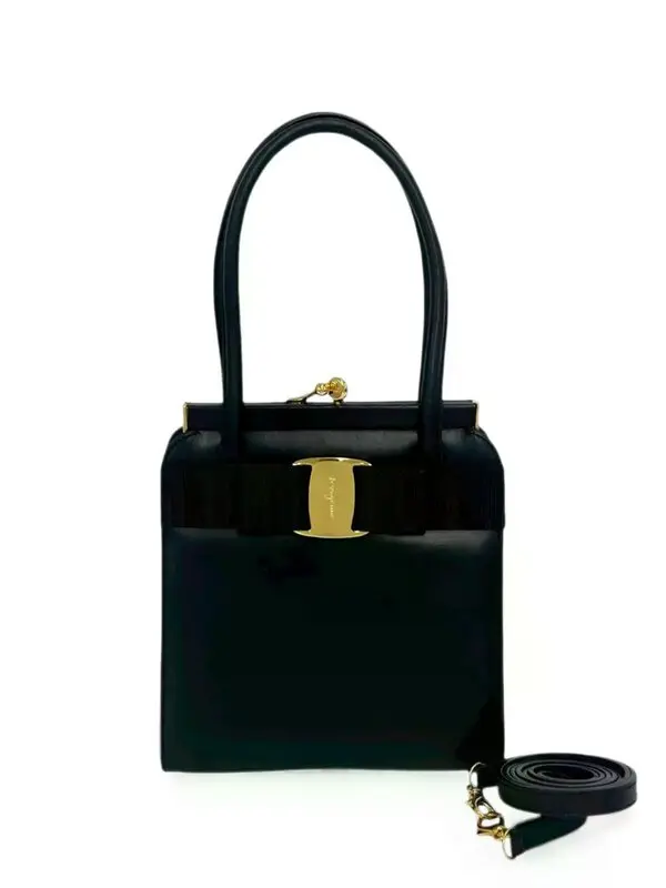 FERRAGAMO 20th Century Leather Vara Kiss Lock Satchel - Black