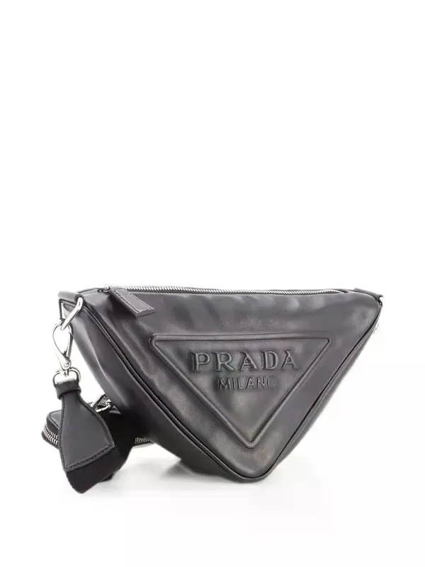Prada Triangle Logo Zip Leather Small Crossbody Bag - Black