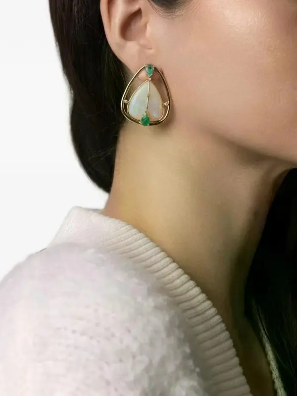 DENISE CASSOU 18k Yellow Opal And Emerald Earrings With Diamond Accents