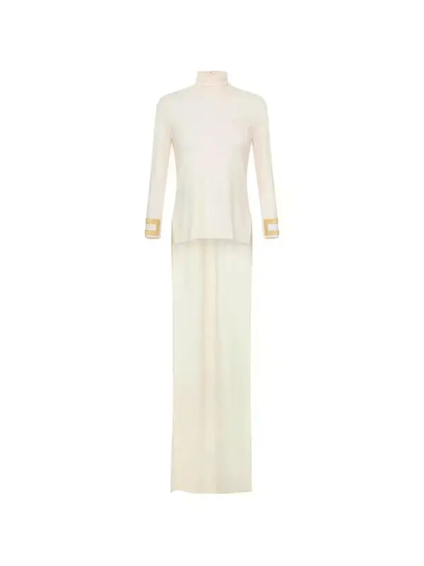 Elisabetta Franchi Long Sleeve High Neck Top With Metallic Cuffs - Neutrals