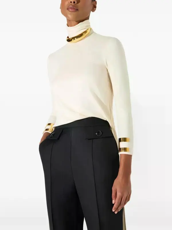 Elisabetta Franchi Long Sleeve High Neck Top With Metallic Cuffs - Neutrals