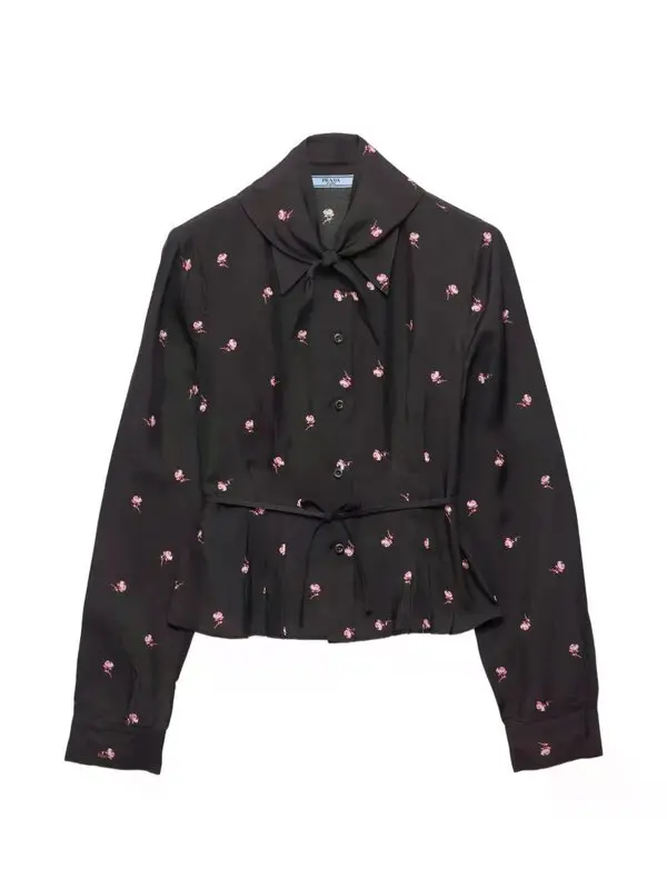 Prada Washed Silk Floral Print Shirt With Removable Scarf